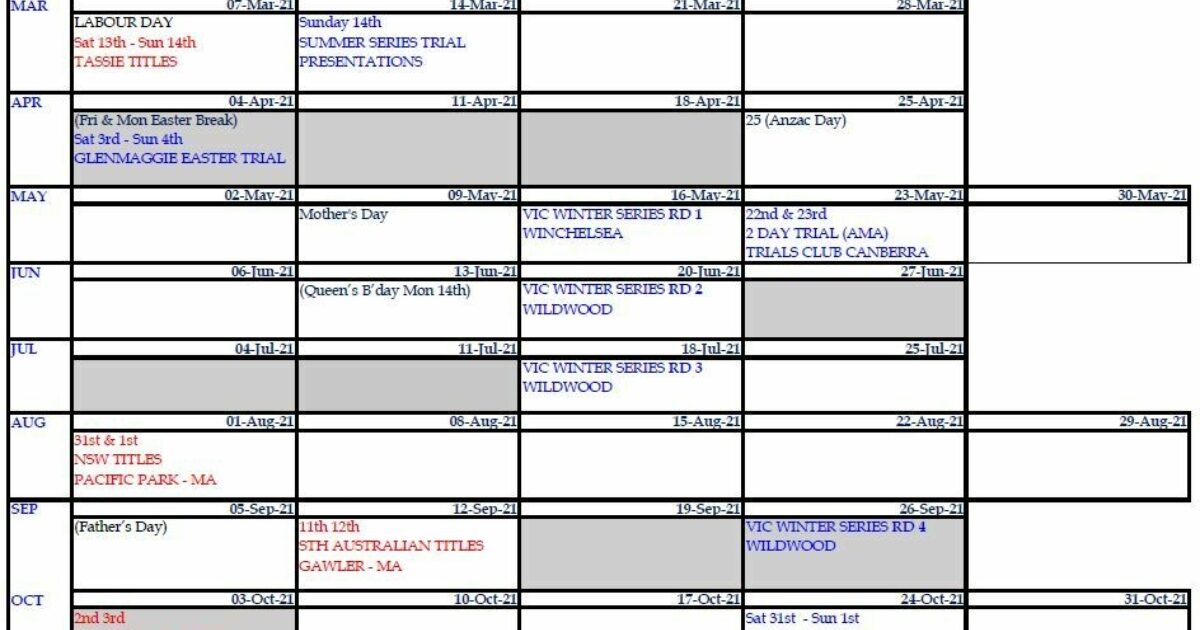 2021 Victoria's Oakleigh MCC Competition Calendar | Trials Australia