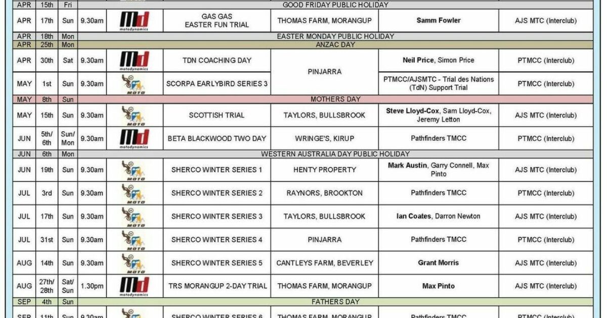 Updated AJS Moto Trials Club Calendar | Trials Australia
